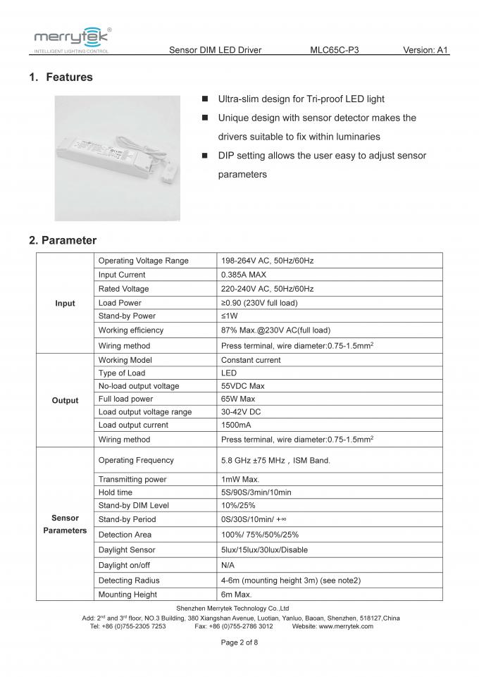 Outdoor IP 20 Sensor Driver 65w , 1500mA Dimmable LED Driver For Stairways